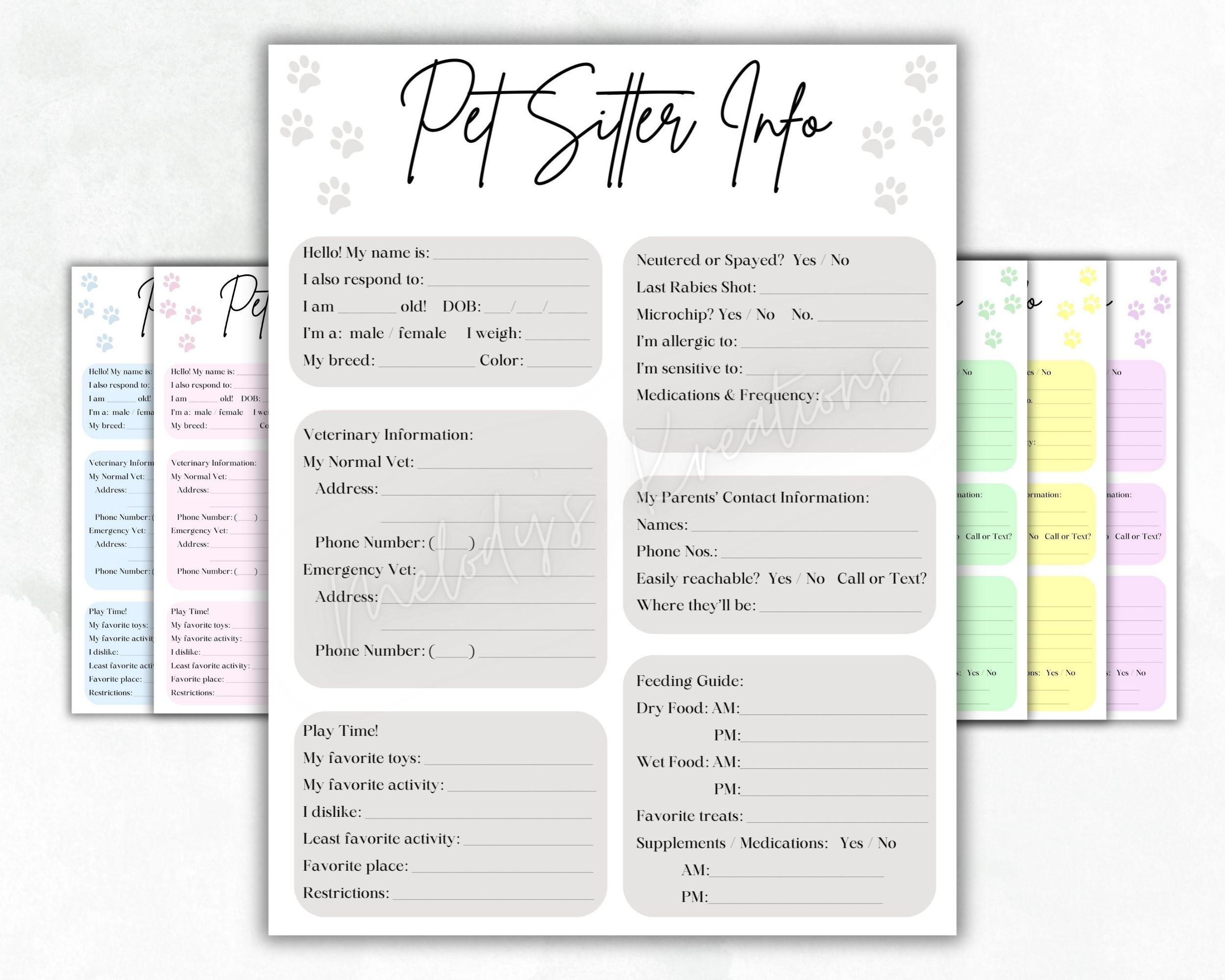 Pet Sitter Information Template Digital Download | Print & Fill | Dog ...