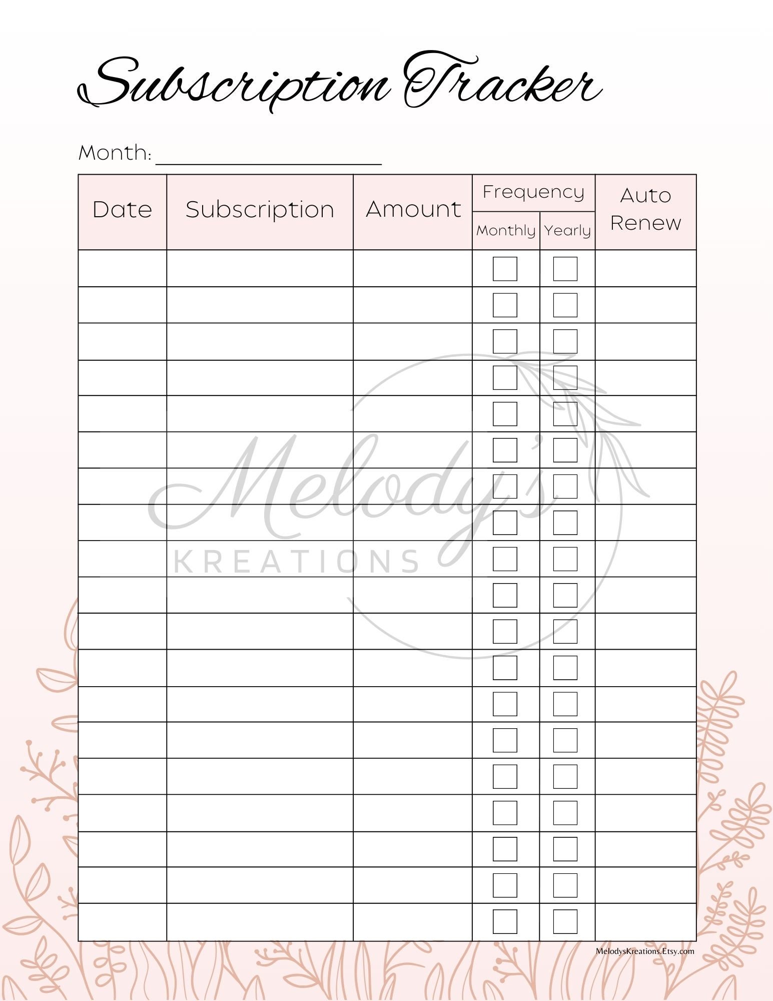 Subscription Tracker Printable | Tracker Digital Download, Subscription ...
