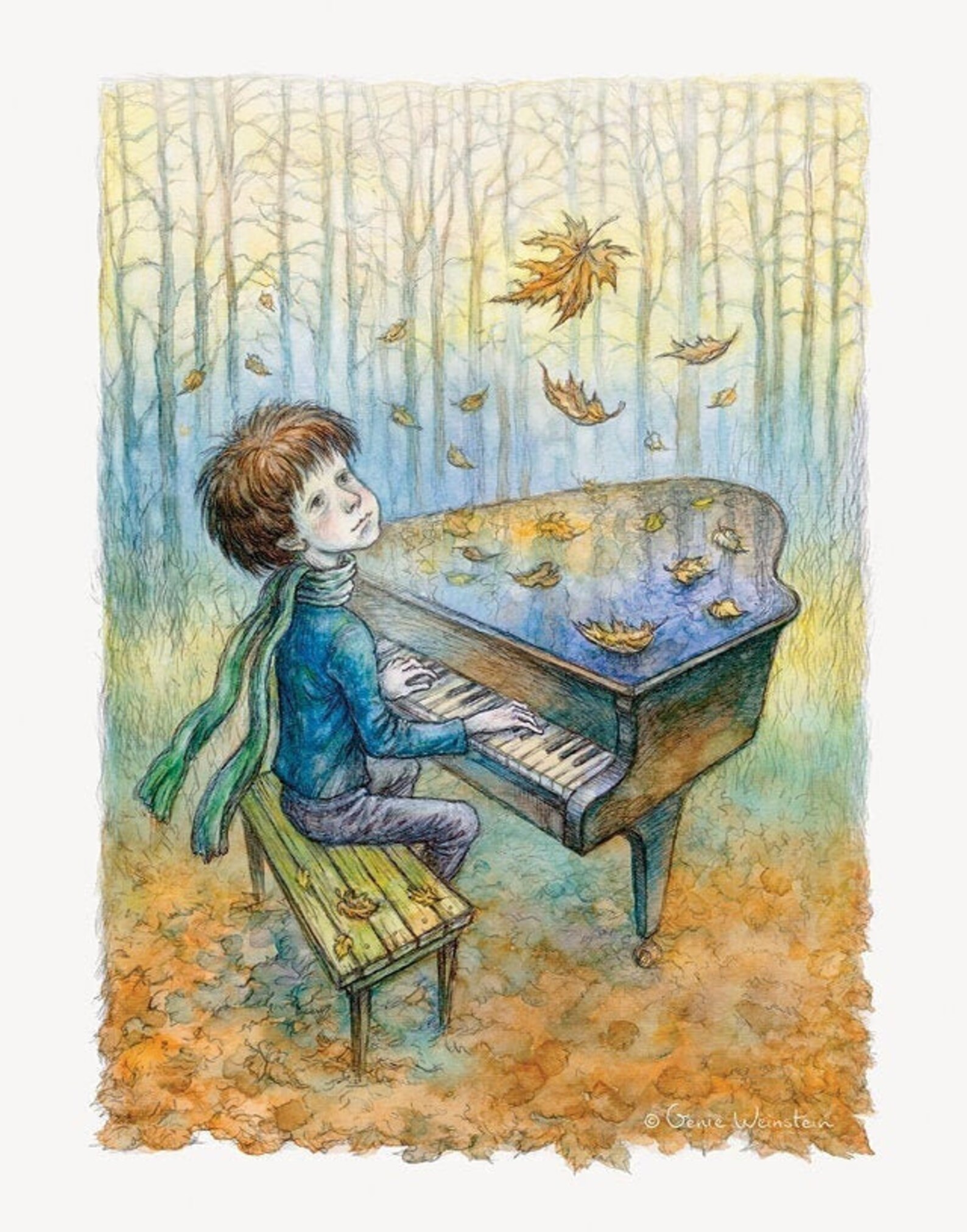 Forest Piano Music Artwork Print Boy Pianist Autumn Leaves | Etsy
