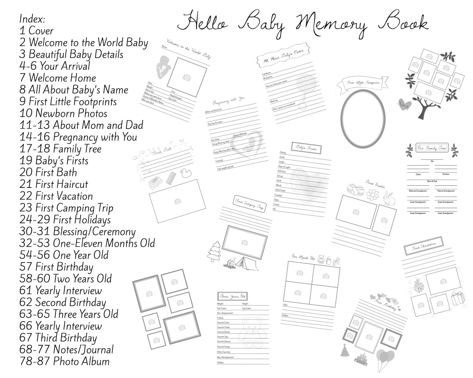 Printable Baby Memory Book Pages Black & White Instant Download 87 ...