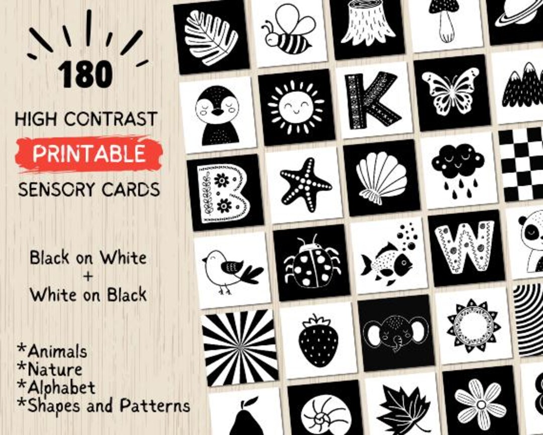 180 High Contrast Flashcards - Printable Montessori Black and White ...