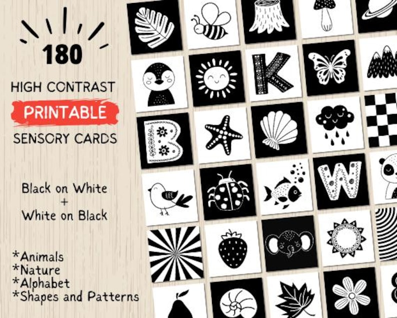 180 High Contrast Flashcards - Printable Montessori Black and White ...