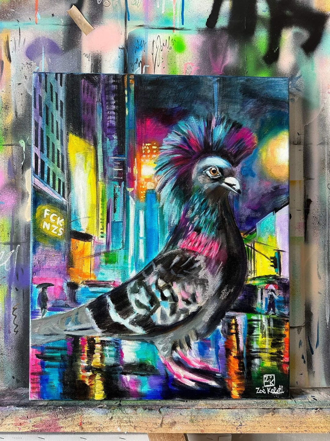 Neo - Punk Pigeon in New York, Original Oil Painting on Canvas, Solar ...