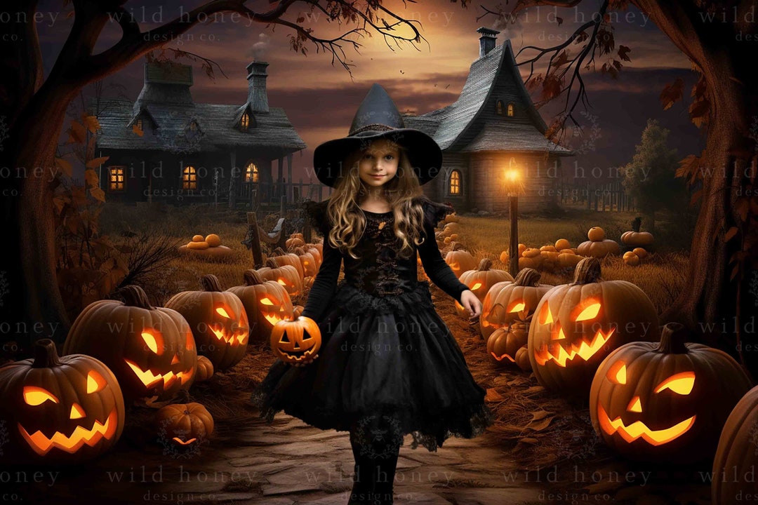 Halloween Path Digital Backdrop, Witch Cottages, Jack O Lantern ...