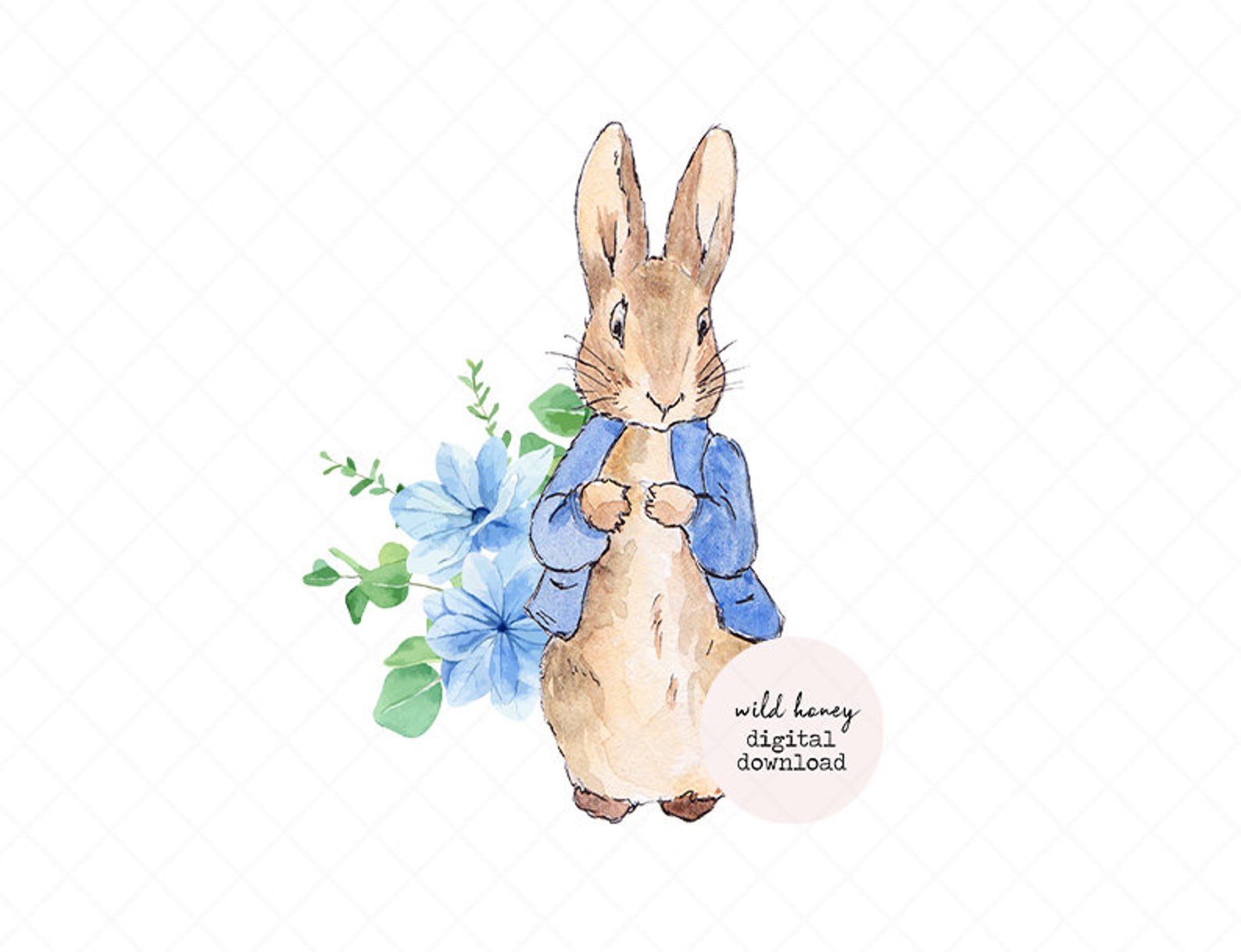 Peter Rabbit PNG With Flowers Watercolor Blue Flowers | Etsy