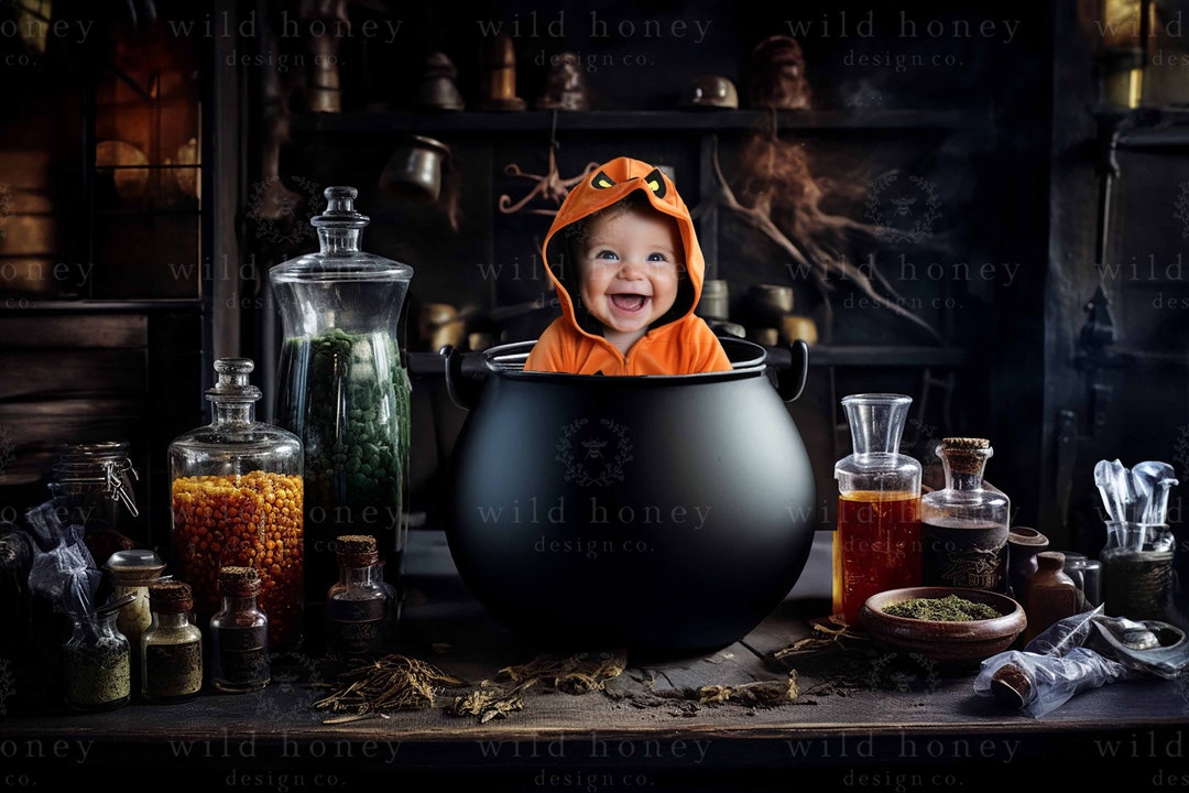 Baby in Cauldron Digital Backdrop, Halloween, Potions Shop, Witches ...