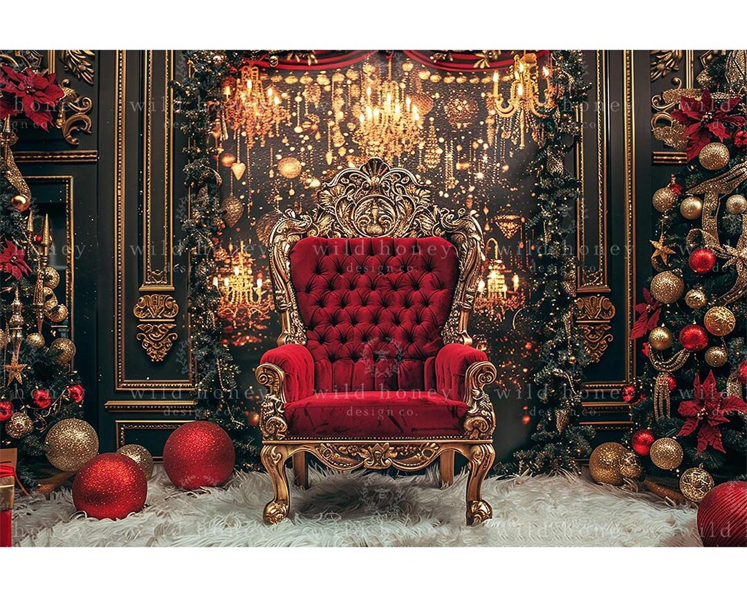 Christmas Studio Digital Backdrop, Red Chair, Throne, Red and Gold ...