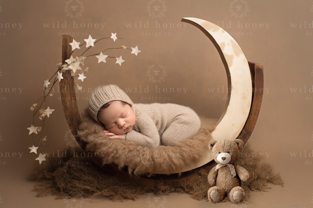 Newborn Moon Digital Backdrop, Stars, Moon Prop, Brown Fur, Teddy ...
