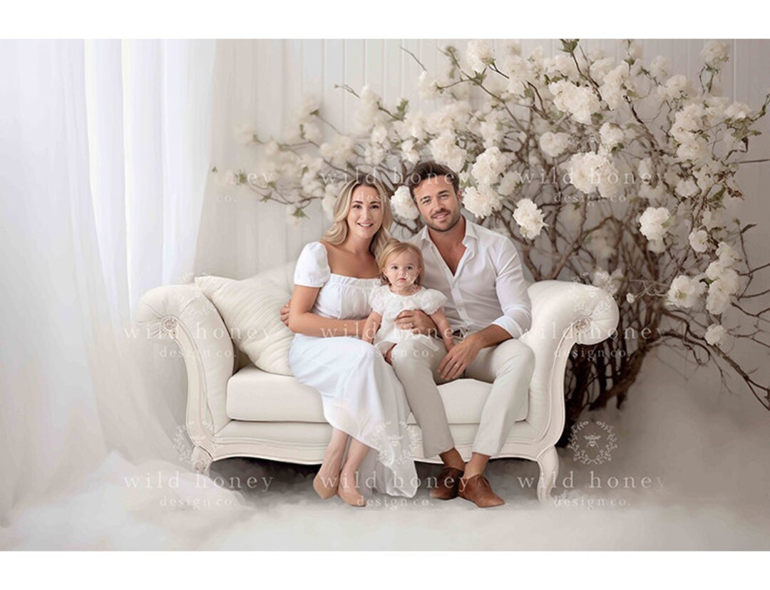 White Couch Digital Backdrop, Branches, White Flowers, White Studio ...