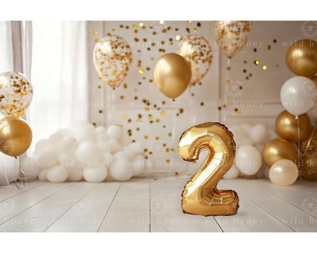 Second Birthday Digital Backdrop: 2nd, Gold Balloon, White Studio ...