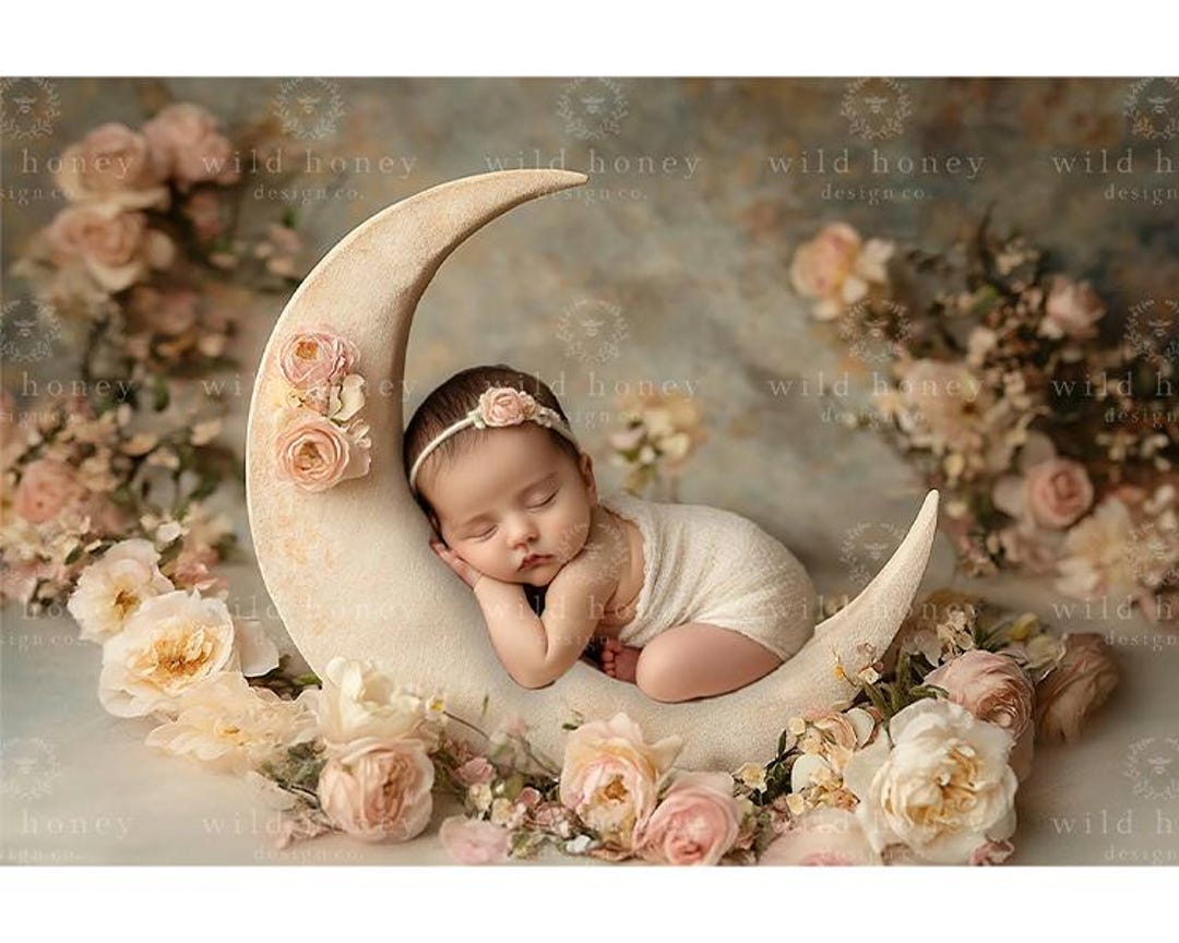Newborn Moon Digital Backdrop, Pastel Flowers, Peach, Cream, Roses ...