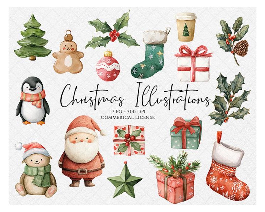 Christmas Illustrations Watercolor Clipart Bundle (pngs, Commercial Use ...