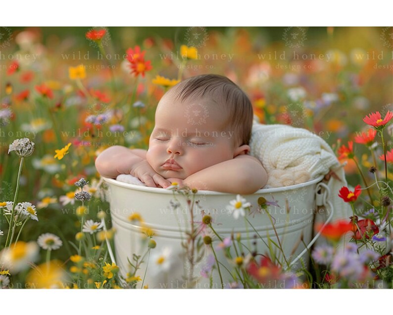 Flower Field Newborn Digital Backdrop, White Bucket, Baby, Grass ...