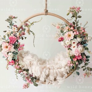Floral Hoop Digital Backdrop, Pink Flowers, Hoop, Eucalyptus, White ...