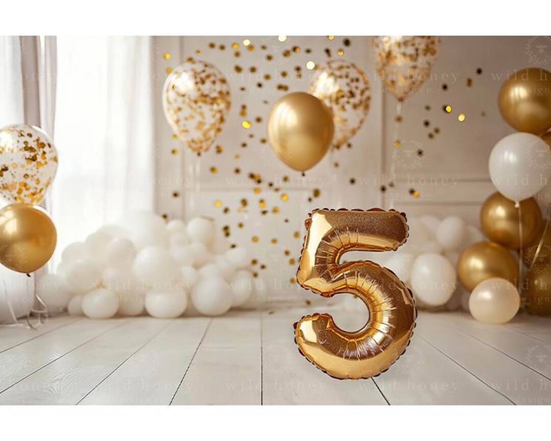 Fifth Birthday Digital Backdrop, Gold Number Balloon, 5th Birthday ...