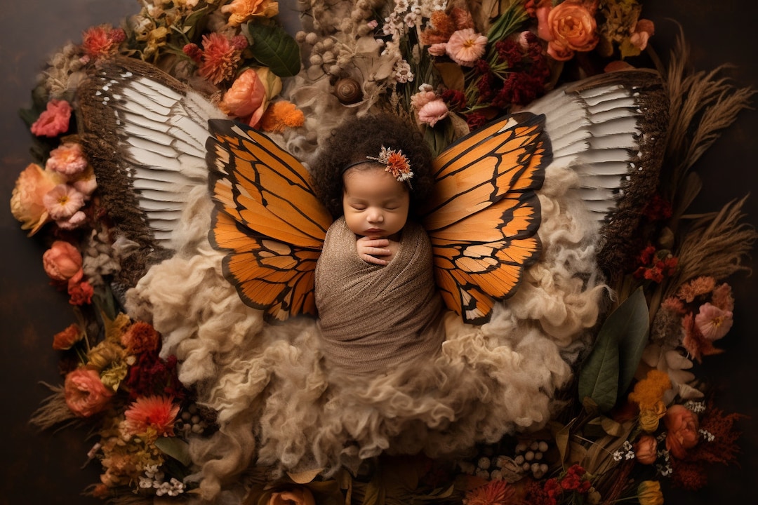 Butterfly Newborn Digital Backdrop Orange Boho Wings Cream - Etsy