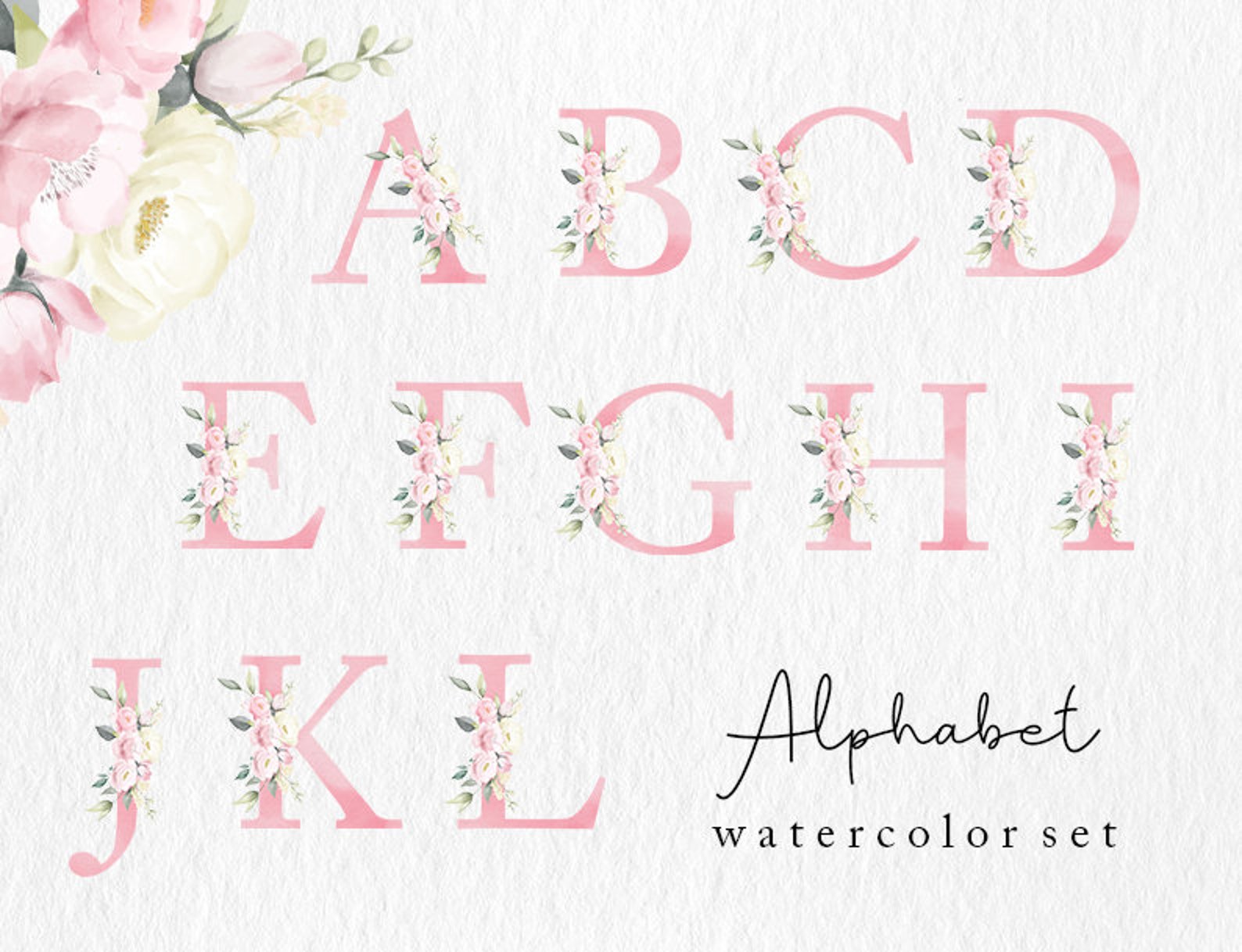 Pink Floral Alphabet Watercolor Clipart, Commercial Use, Roses, Leaves ...
