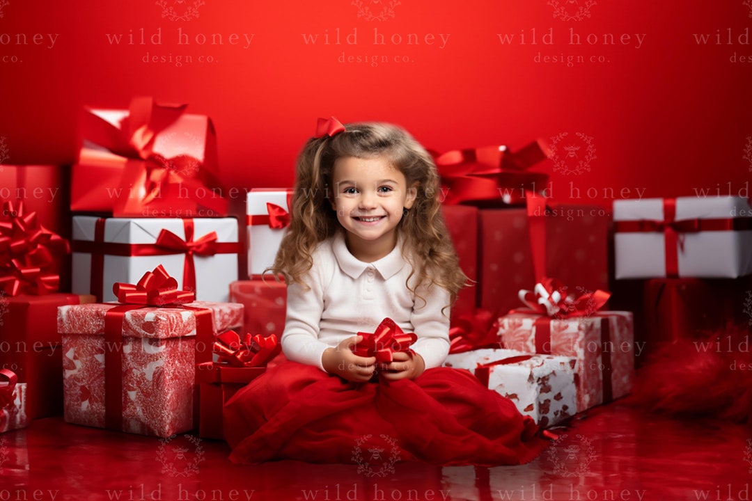 Christmas Studio Digital Backdrop, Gifts, Red Bows, Presents ...