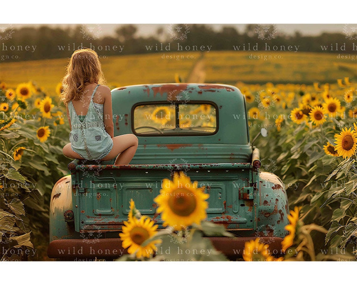 Sunflower Field Digital Backdrop: Vintage Blue Truck (JPEG) - Etsy