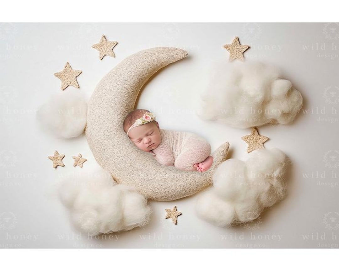 Newborn Moon Digital Backdrop, Cream, Felt Moon, Fluffy White Clouds ...