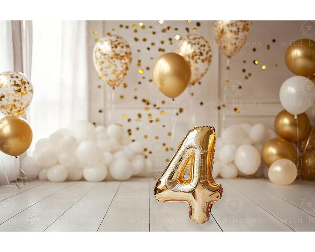 Fourth Birthday Digital Backdrop, Gold Number Balloon, 4th Birthday ...