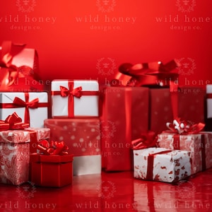 Christmas Studio Digital Backdrop, Gifts, Red Bows, Presents ...