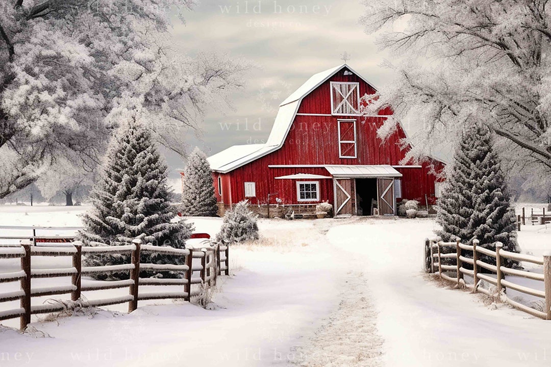 Christmas Red Barn Digital Backdrop, Snow, Trees, Fences, Xmas, Digital Background for ...