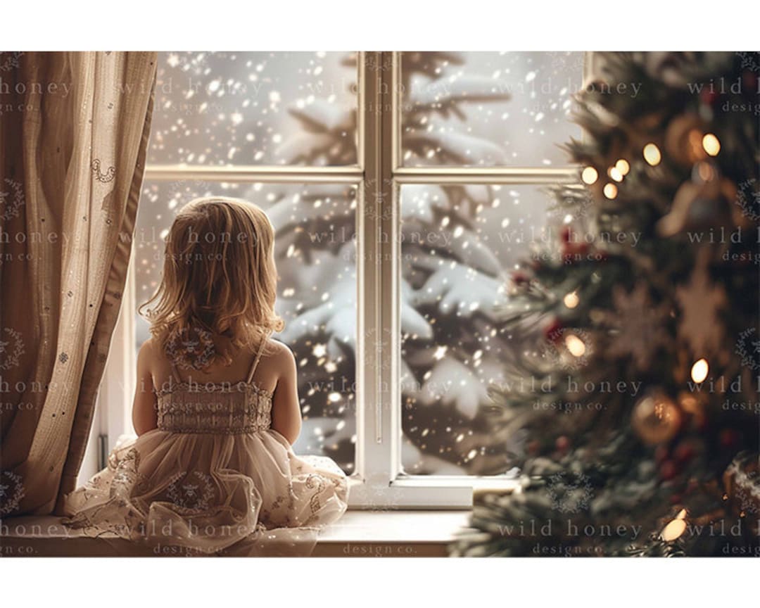 Christmas Window Digital Backdrop, Snow, Children, Christmas Tree ...