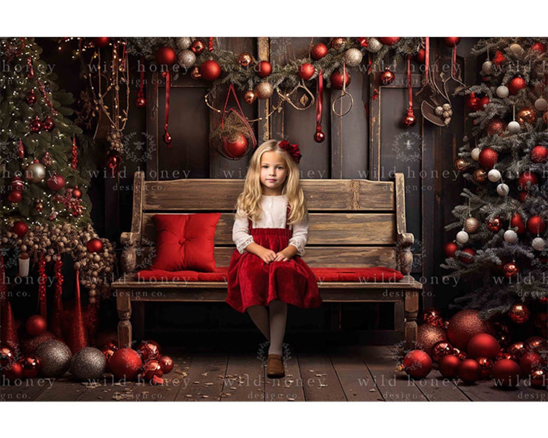 Red Christmas Studio Digital Backdrop, Christmas Tree, Baubles, Fir ...