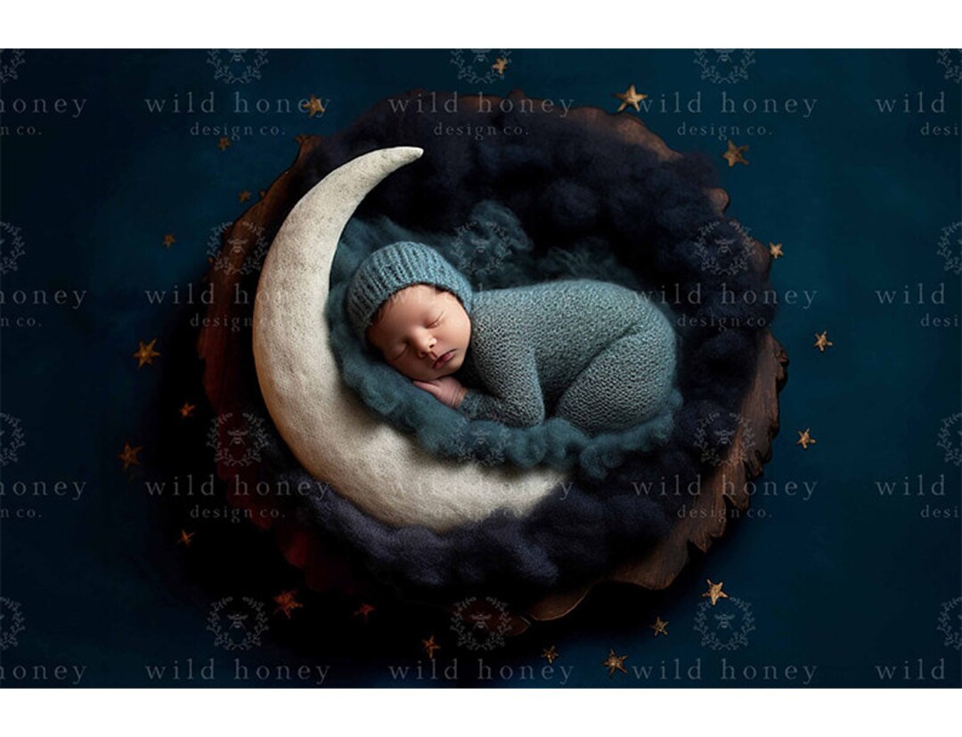 Newborn Moon Digital Backdrop, Soft Moon, Gold Stars, Wood Bowl, Night ...