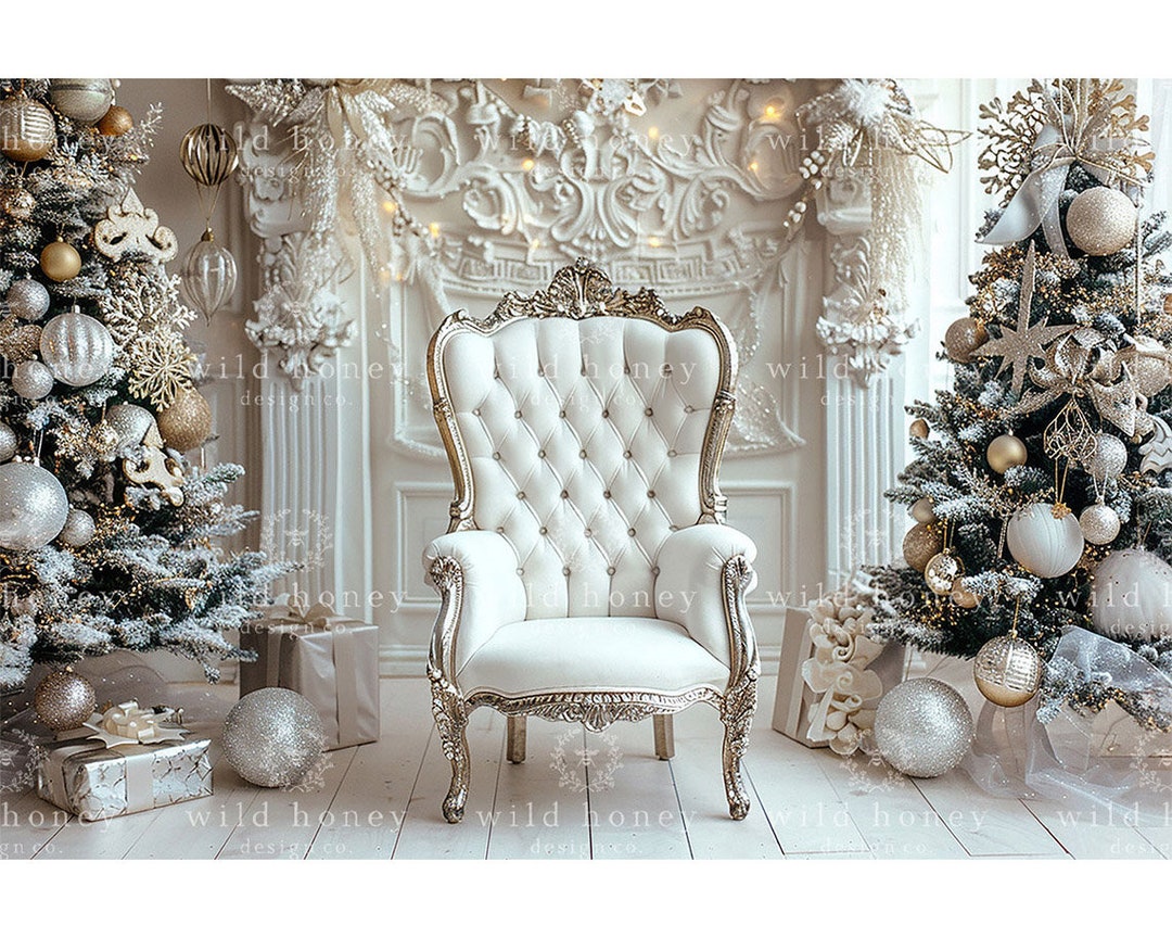 White Christmas Studio Digital Backdrop, White Chair, Throne, Baubles ...