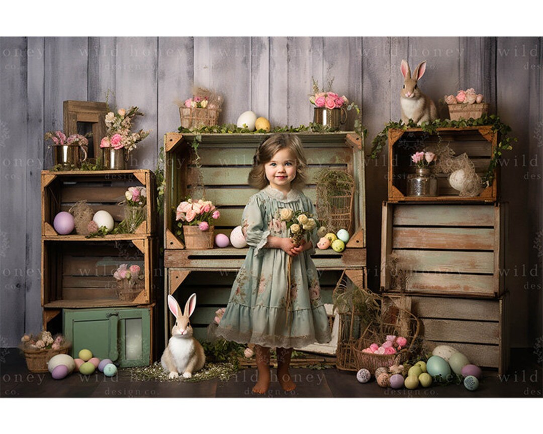 Spring Digital Backdrop, Easter, Eggs, Flowers, Bunnies, Wood Crates ...