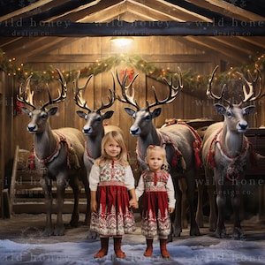 Reindeer Stable Digital Backdrop, Christmas, Santas Reindeer, Wreaths ...