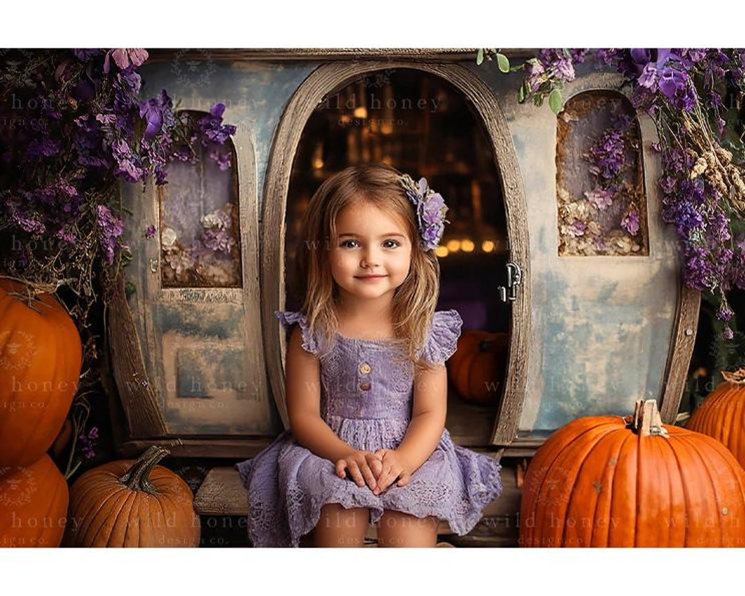 Fall Photography Digital Backdrop: Purple Flowers, Pumpkins, Caravan ...