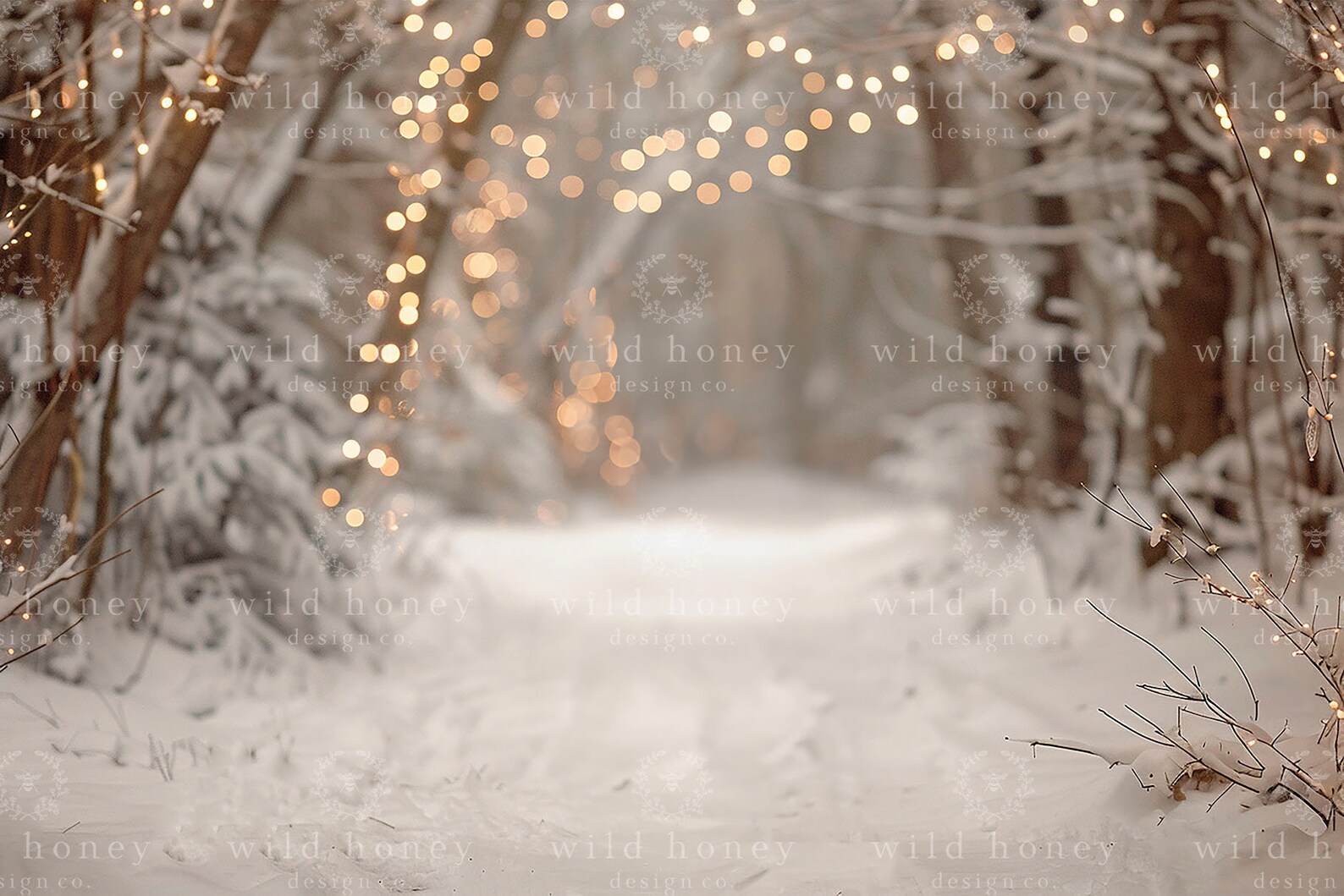 Winter Lights Digital Backdrop: Gold Bokeh, Snowy Trees (digital ...