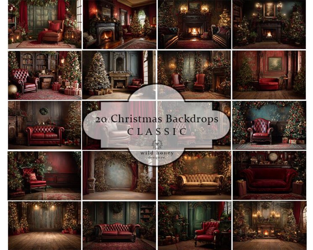 20 Classic Christmas Digital Backdrops: Red, Green, Vintage Christmas ...