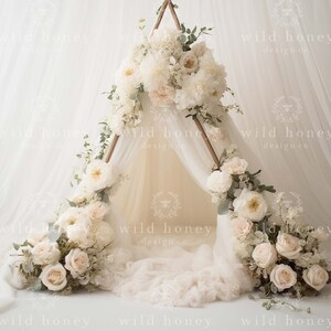 Lace Tent Digital Backdrop, Sheer Curtain, Teepee, Baby, Sitter, Toddler, White Flowers, Studio ...