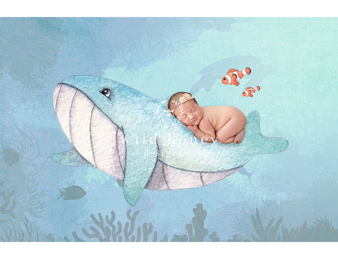 Watercolor Ocean Newborn Digital Backdrop: Whale & Nemo (digital ...