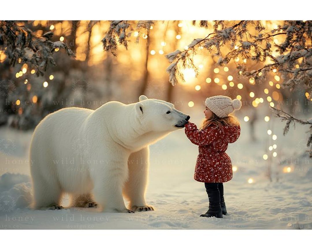 Polar Bear Digital Backdrop, Winter Forest, Snow, Golden Lights, Sunset ...