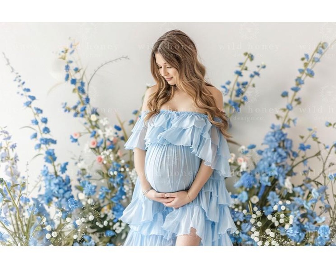 Blue Flowers Studio Digital Backdrop, White Studio, Blue, White Flowers ...