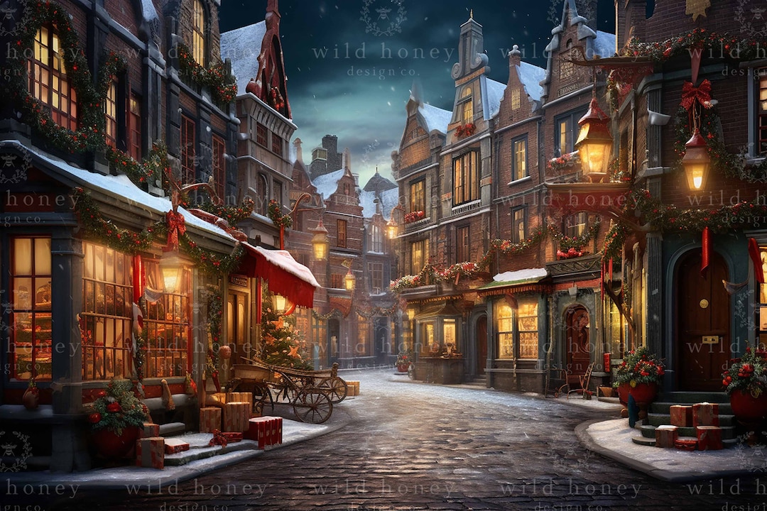 Christmas Street Backdrop, Xmas, Winter, Painterly, Digital Backdrop ...
