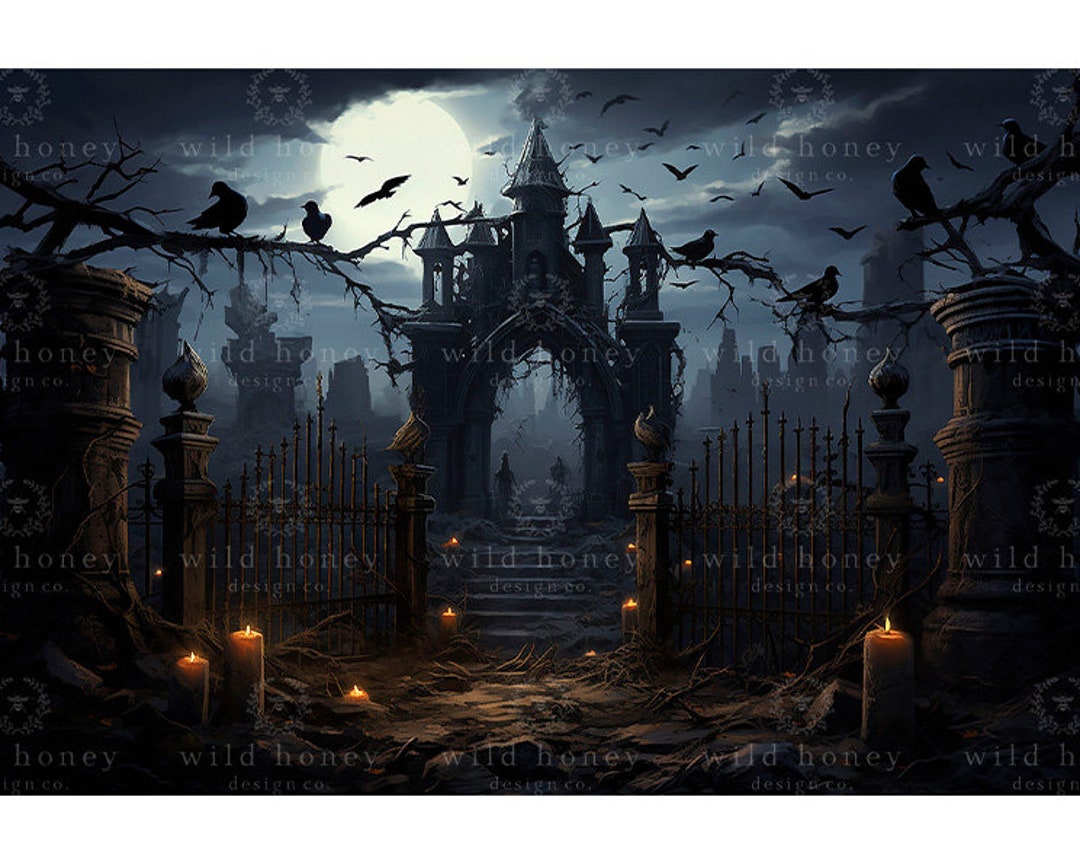Black Gate Digital Backdrop, Night, Halloween, Cemetery, Graveyard ...