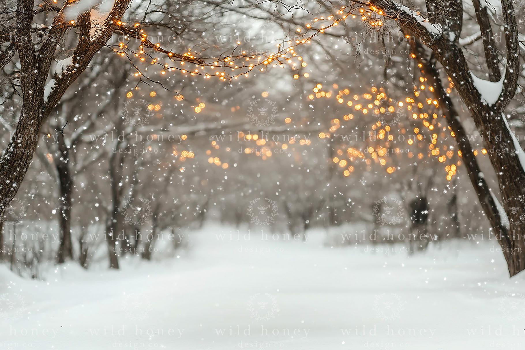 Winter Lights Digital Backdrop: Snowy Trees, Gold Bokeh (JPEG) - Etsy
