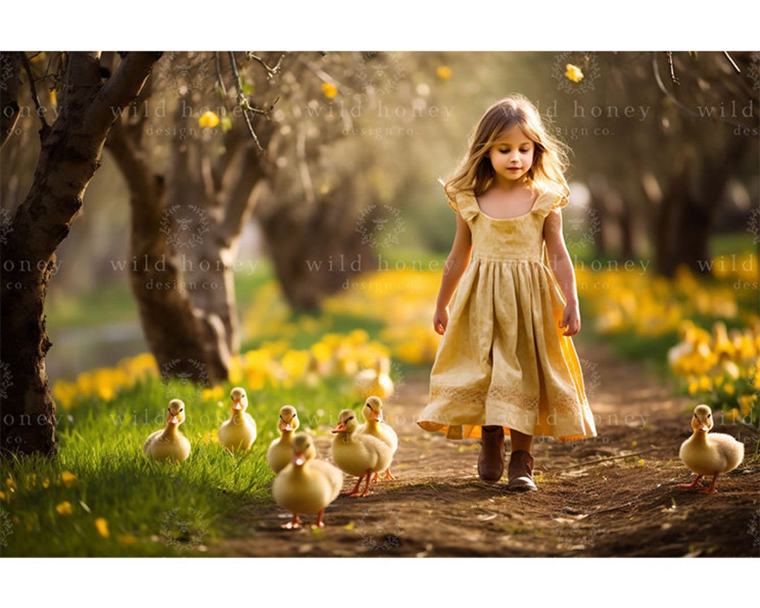 Spring Ducklings Digital Backdrop, Path, Yellow Flowers, Baby Ducks ...