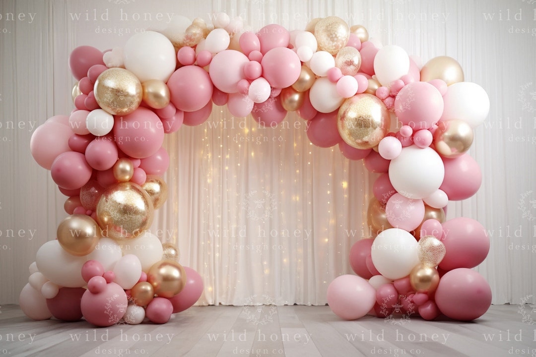 Balloon Arch Digital Backdrop, Pink and Gold Balloon Garland, White ...
