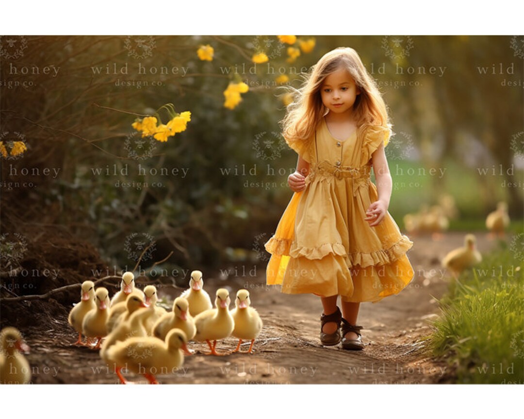 Spring Ducklings Digital Backdrop, Path, Yellow Flowers, Baby Ducks ...