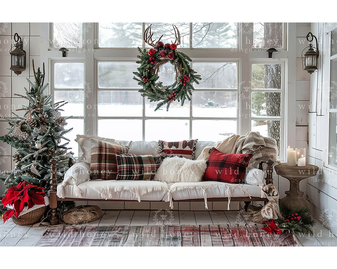 Christmas Room Digital Backdrop: Plaid Sofa, Snow Window (JPEG) - Etsy