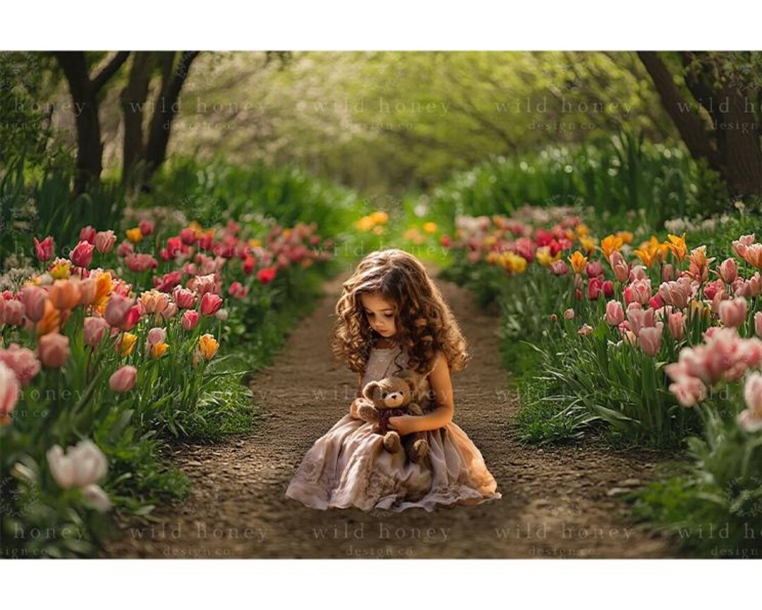 Tulip Path Digital Backdrop, Spring, Pink, Yellow Flowers, Garden ...
