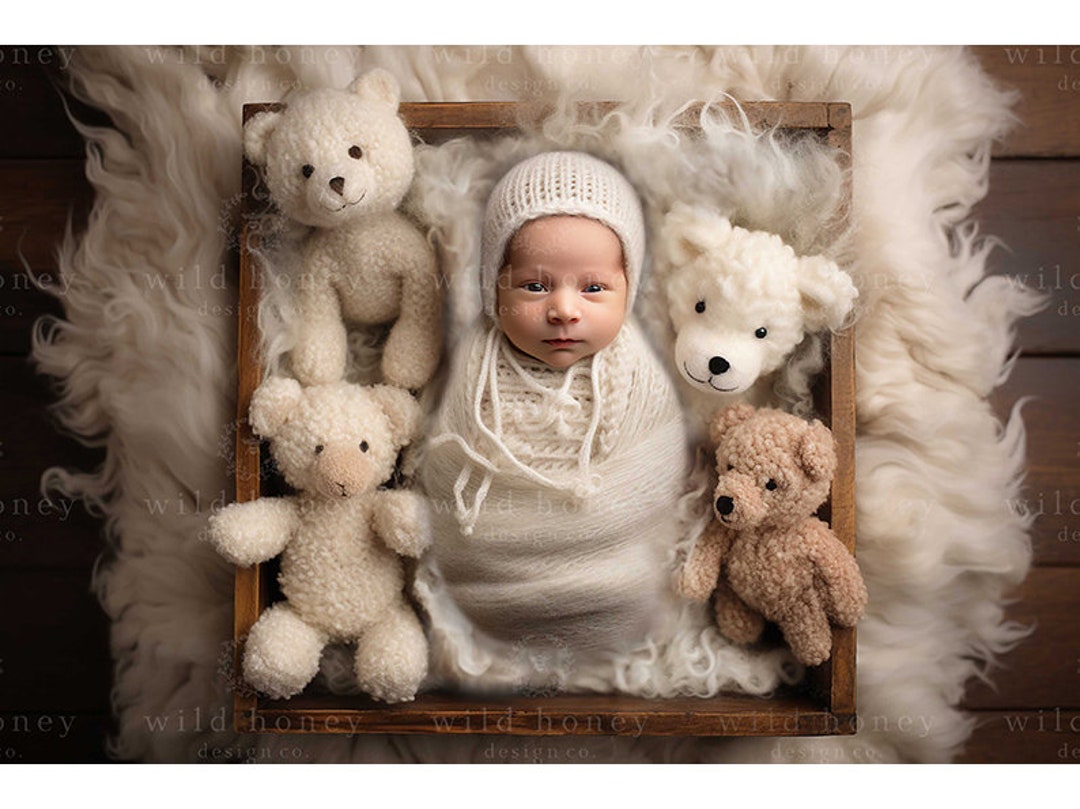 Teddy Bear Newborn Digital Backdrop: Knitted Toys, Wooden Box (JPEG) - Etsy
