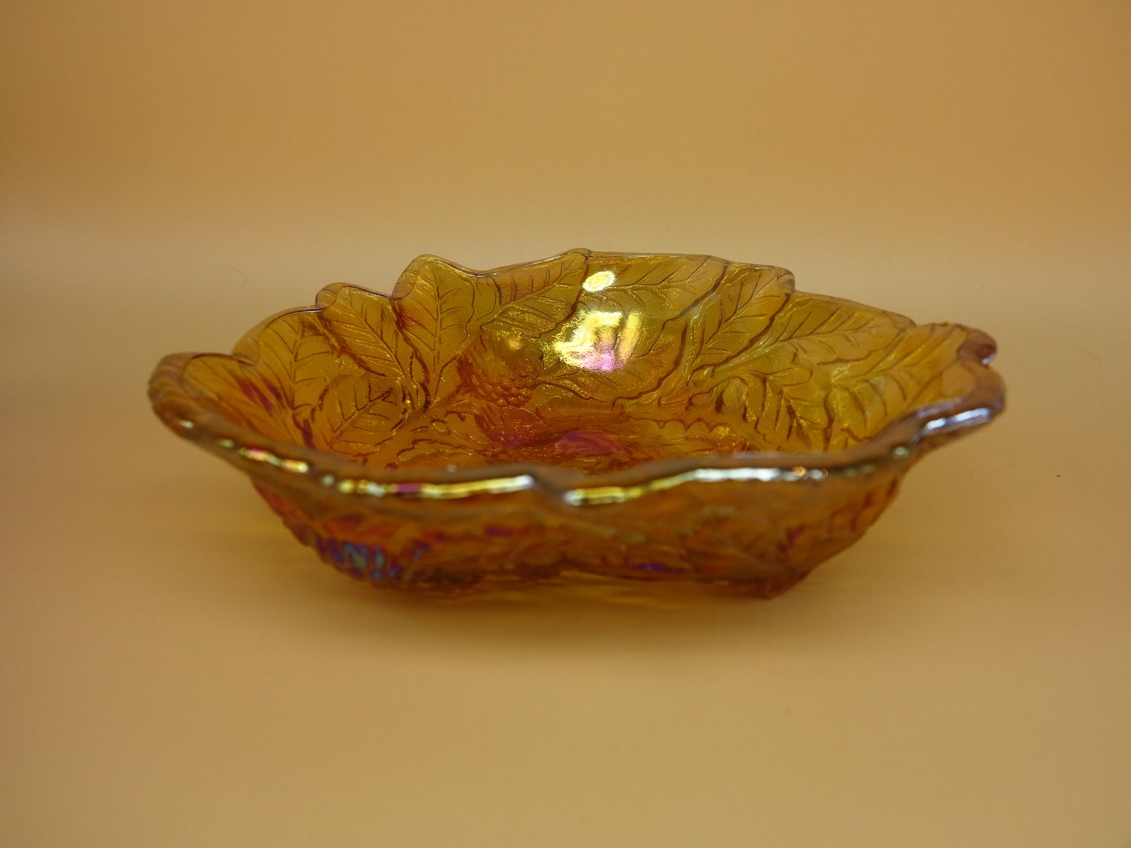 Pressed Glass Triangle Bowl Loganberry Pattern Amber Carnival - Etsy